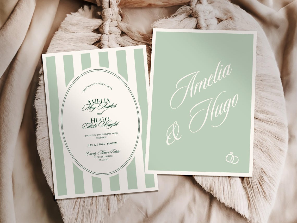 Sage Green Stripe Wedding Invitation Suite, Elegant Whimsical ...