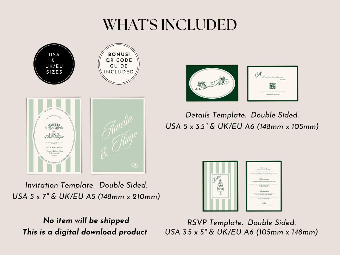 Sage Green Stripe Wedding Invitation Suite, Elegant Whimsical ...