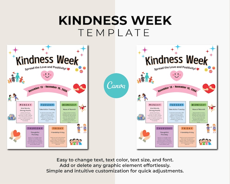 Editable Kindness Week Flyer Canva Template, School Spirit Schedule ...