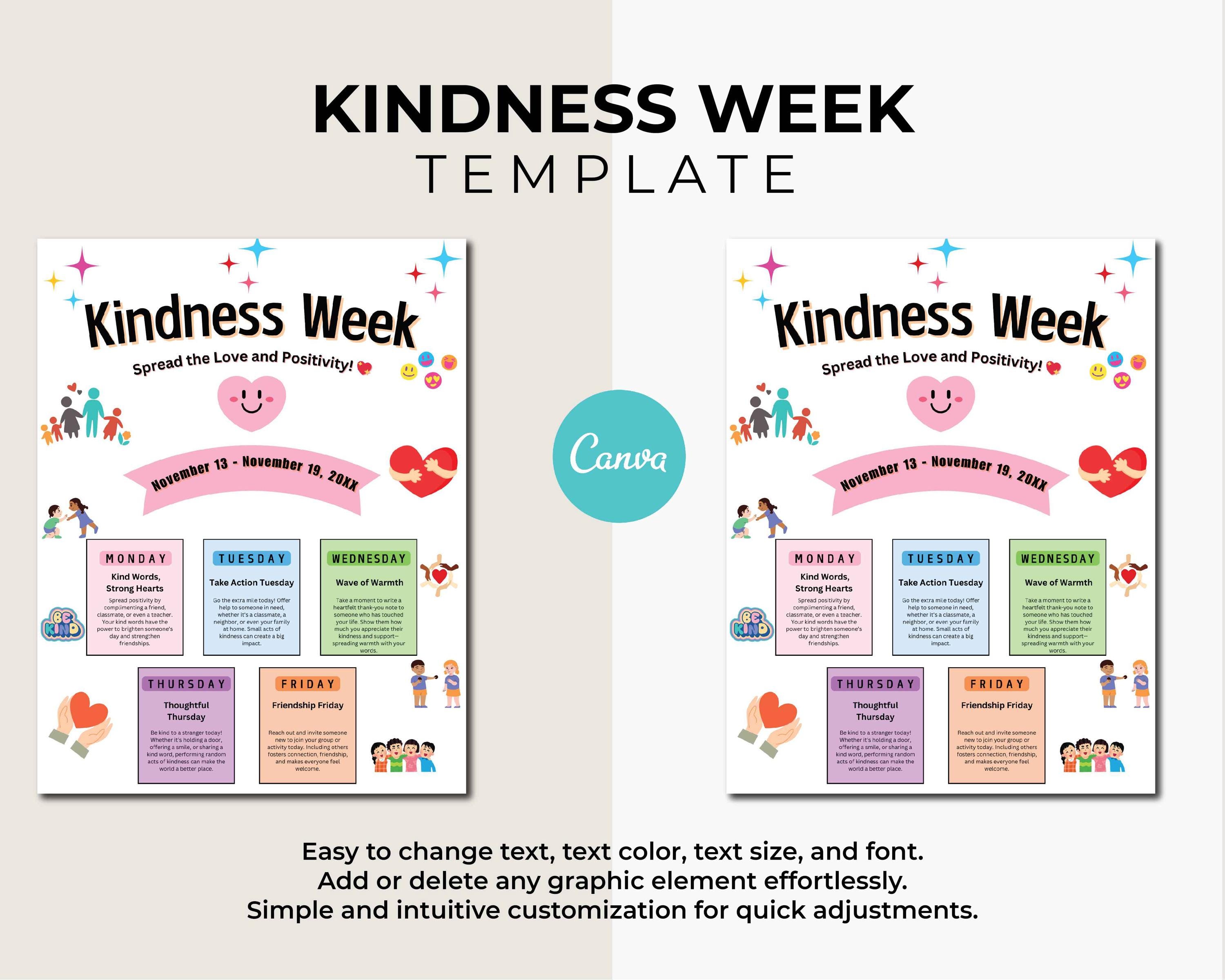 Editable Kindness Week Flyer Canva Template, School Spirit Schedule ...