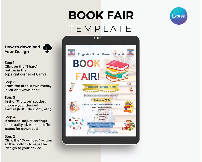 Editable Book Fair Flyer, School Reading Fundraiser Event, Canva ...