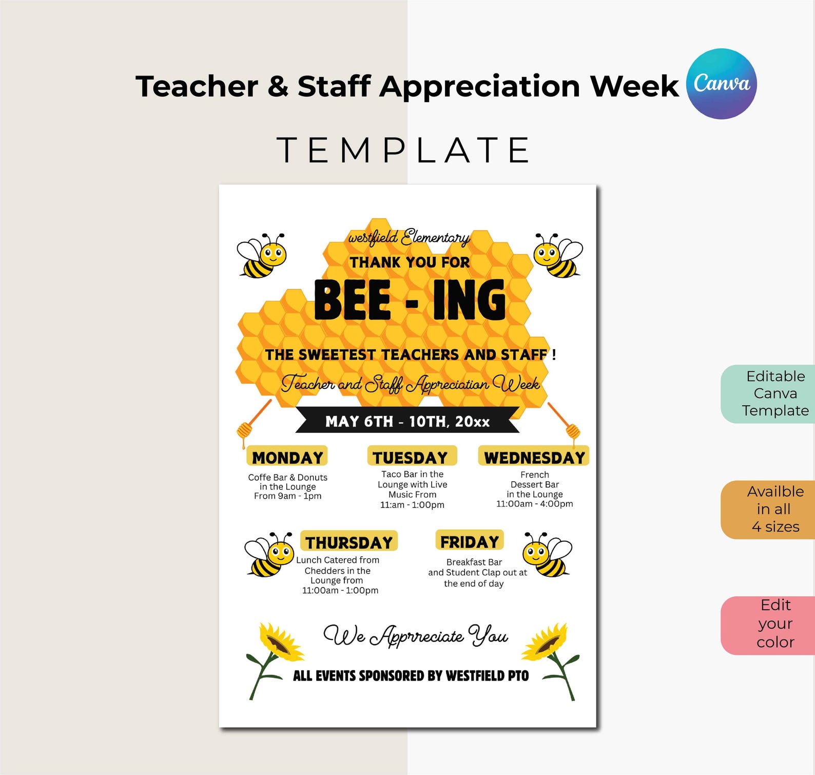 Editable Bumble Bee Theme Teacher, Staff Appreciation, Itinerary Flyer ...