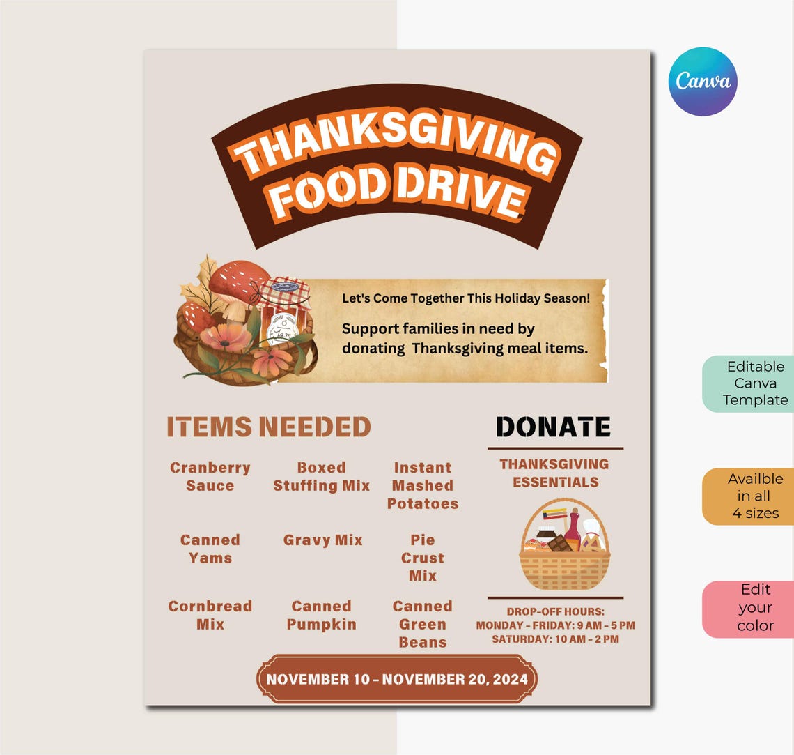 Fall Food Drive Flyer Editable Template, Autumn Drop off Food Bank ...