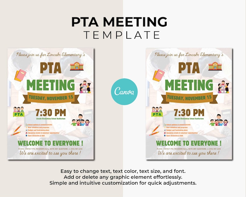 PTO PTA Meeting Flyer, Editable Template, Back to School, November ...