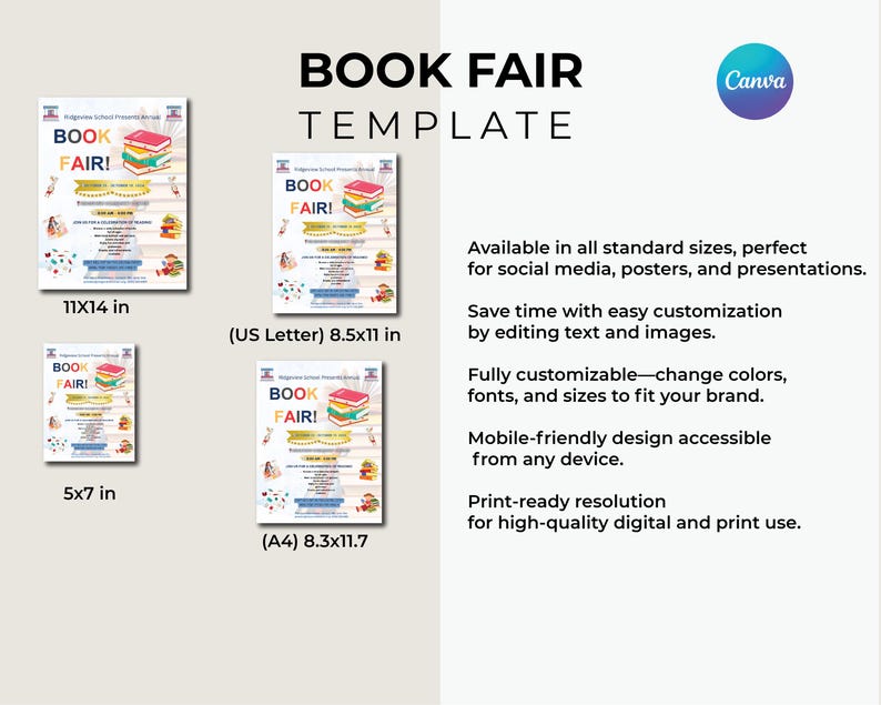 Editable Book Fair Flyer, School Reading Fundraiser Event, Canva ...