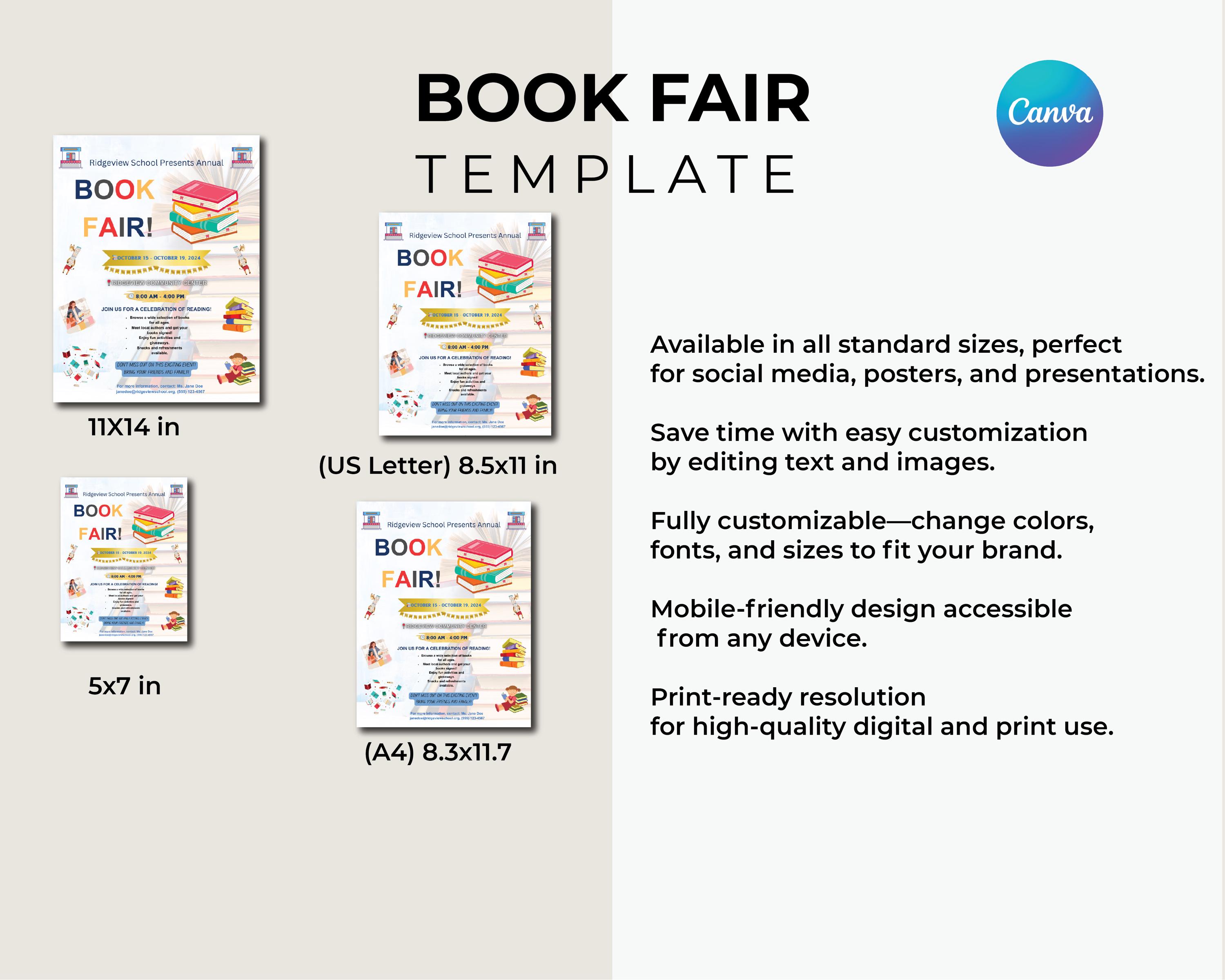 Editable Book Fair Flyer, School Reading Fundraiser Event, Canva ...