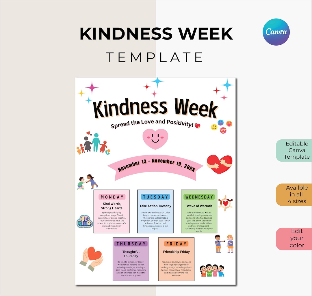 Editable Kindness Week Flyer Canva Template, School Spirit Schedule ...