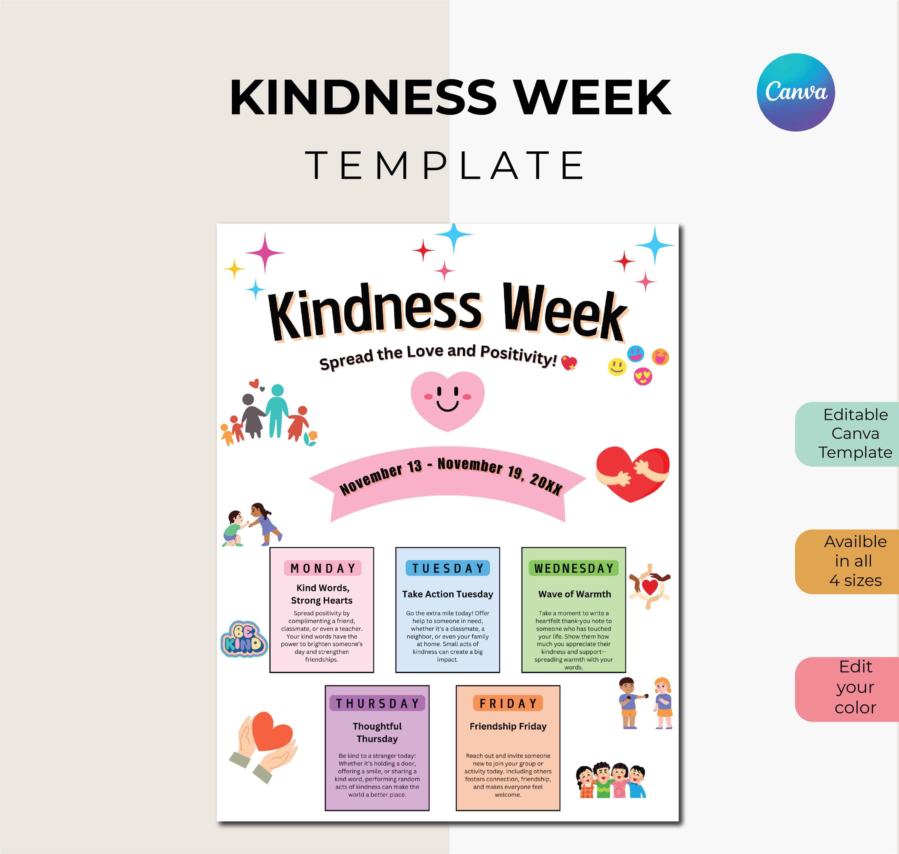 Editable Kindness Week Flyer Canva Template, School Spirit Schedule ...