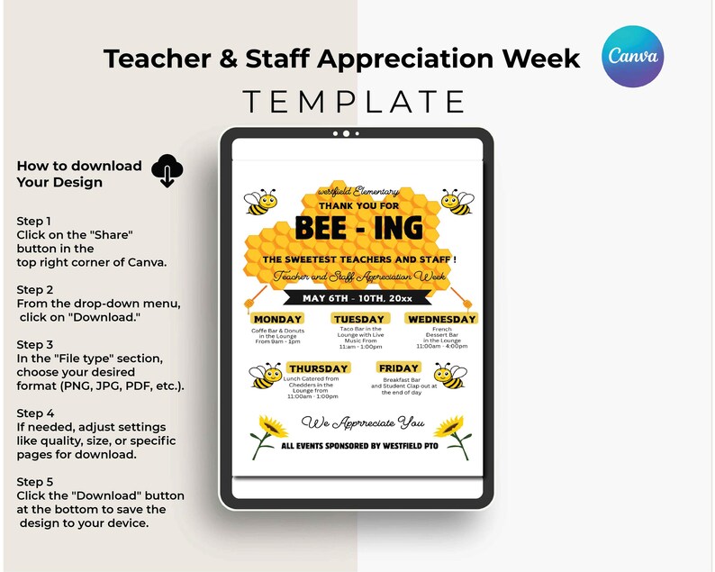 Editable Bumble Bee Theme Teacher, Staff Appreciation, Itinerary Flyer ...