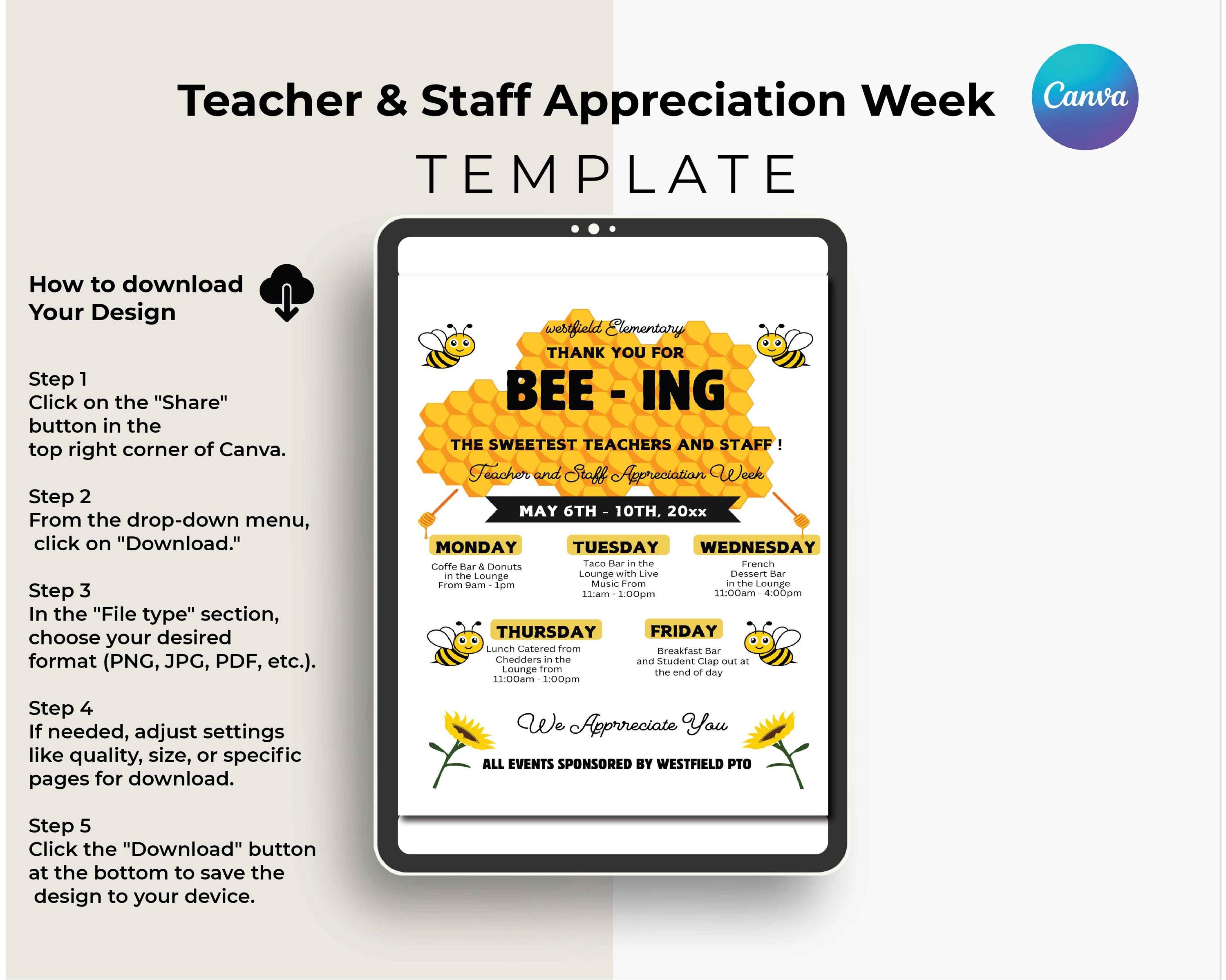 Editable Bumble Bee Theme Teacher, Staff Appreciation, Itinerary Flyer ...