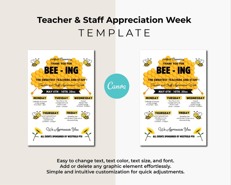Editable Bumble Bee Theme Teacher, Staff Appreciation, Itinerary Flyer ...