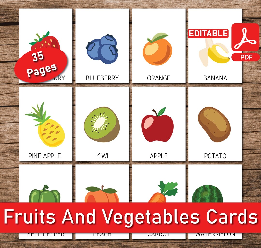 35 Fruits and Vegetables Cards, Pre-school Cards, Educational Printable ...