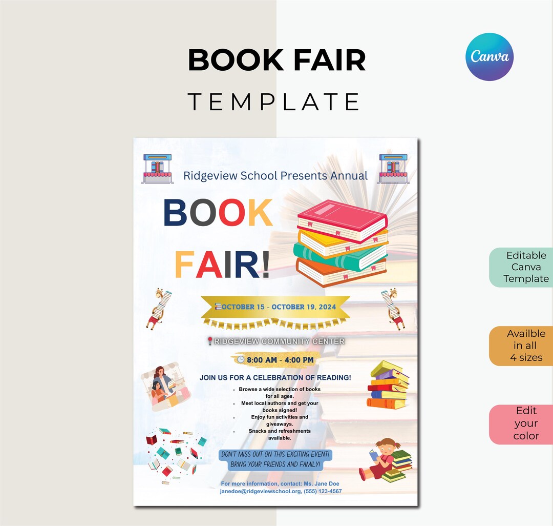 Editable Book Fair Flyer, School Reading Fundraiser Event, Canva ...
