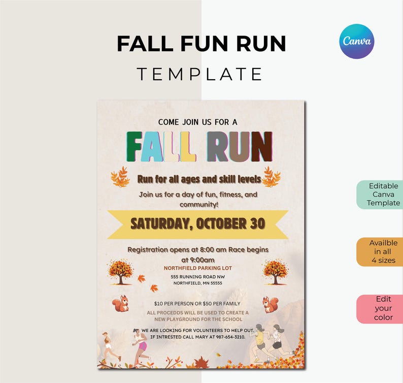 Fun Run Flyer, Editable Canva Template, Outdoor 5k 10k Run, Walk Race ...