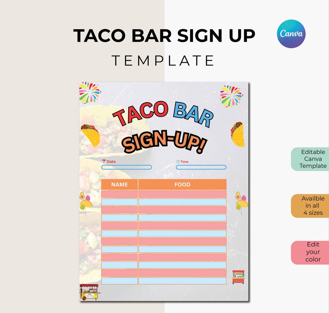 Taco Bar Sign up Sheet, Printable for Mexican Fiesta Potluck Party ...
