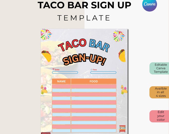 Taco Bar Sign up Sheet, Printable for Mexican Fiesta Potluck Party ...