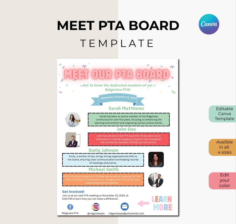 Editable Meet the PTA Flyer, About the PTO Flyer, Editable Canva Template, Volunteer Board ...
