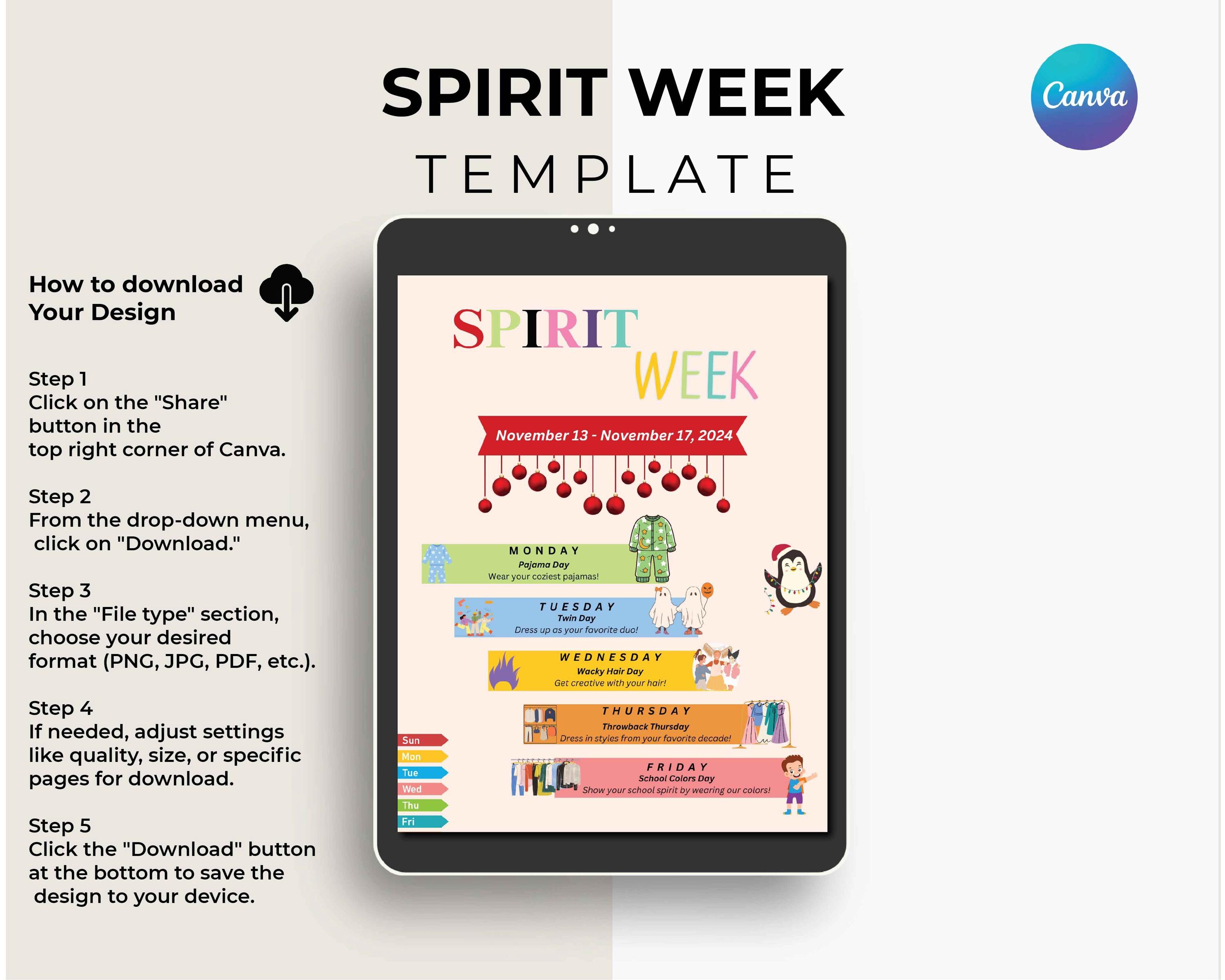 Editable Christmas Spirit Week Flyer Canva Template, School Spirit ...