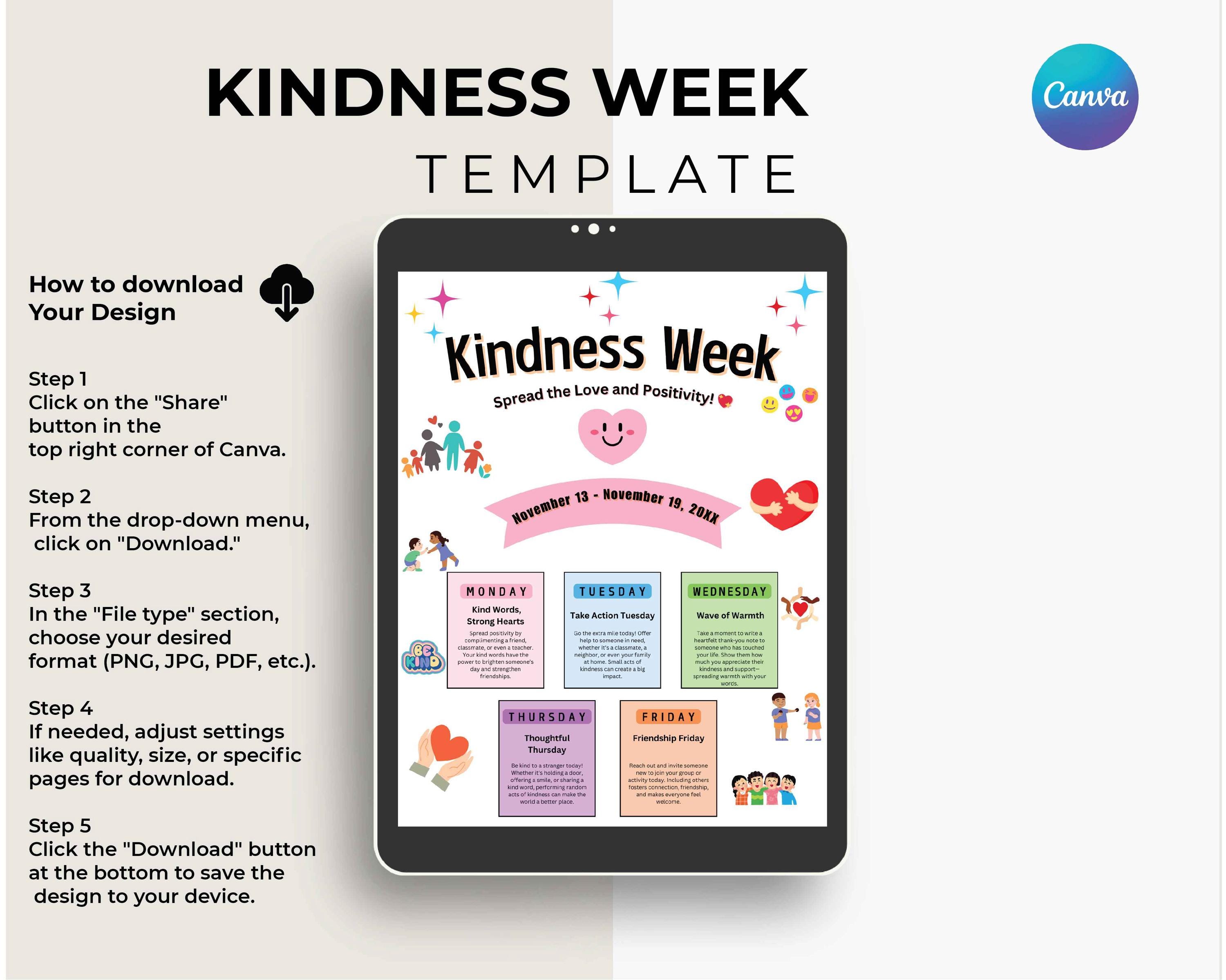 Editable Kindness Week Flyer Canva Template, School Spirit Schedule ...