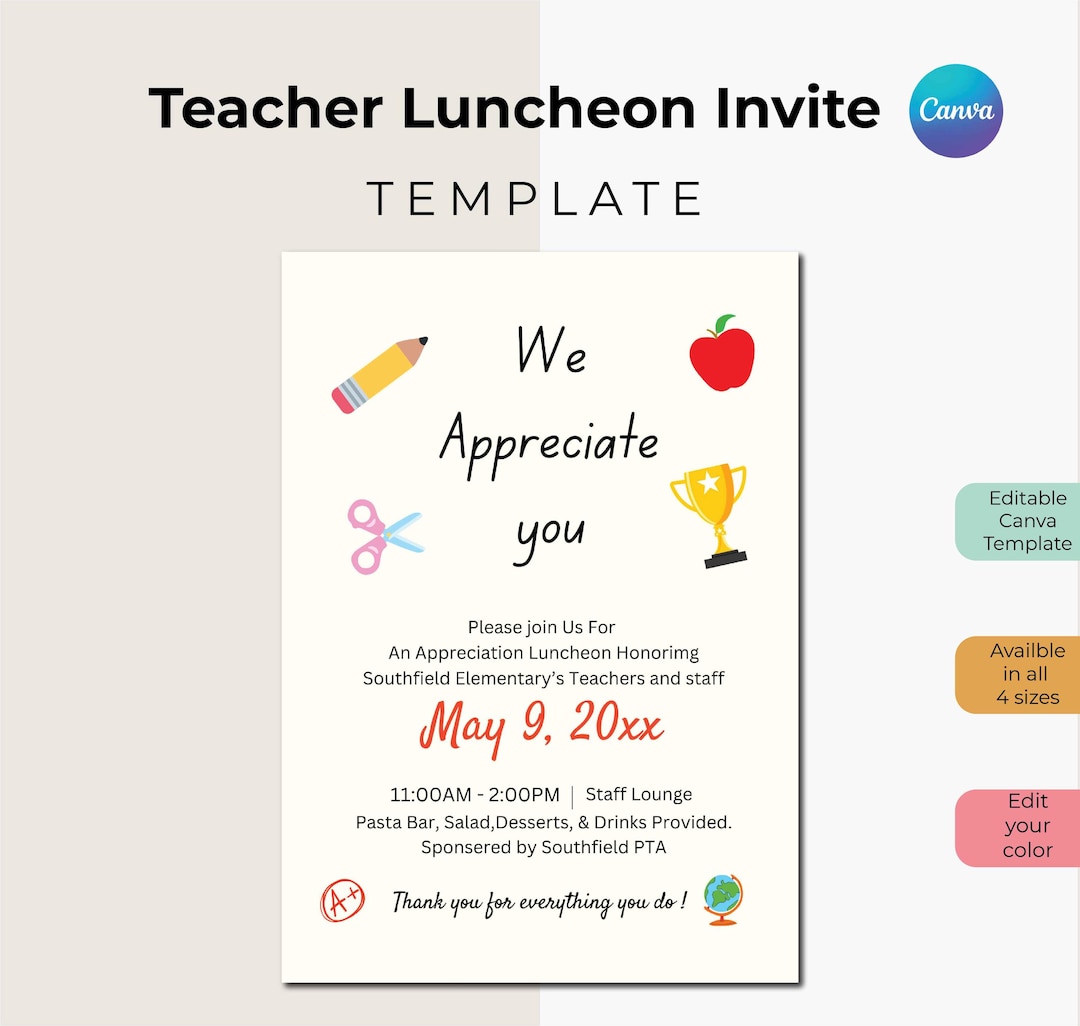 Editable Teacher Luncheon Invite, Appreciation Week Lunch Invitation ...
