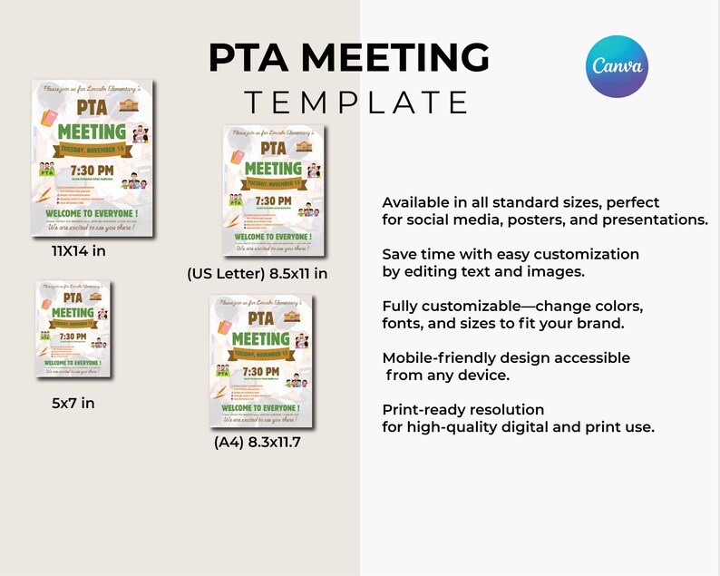 PTO PTA Meeting Flyer, Editable Template, Back to School, November ...