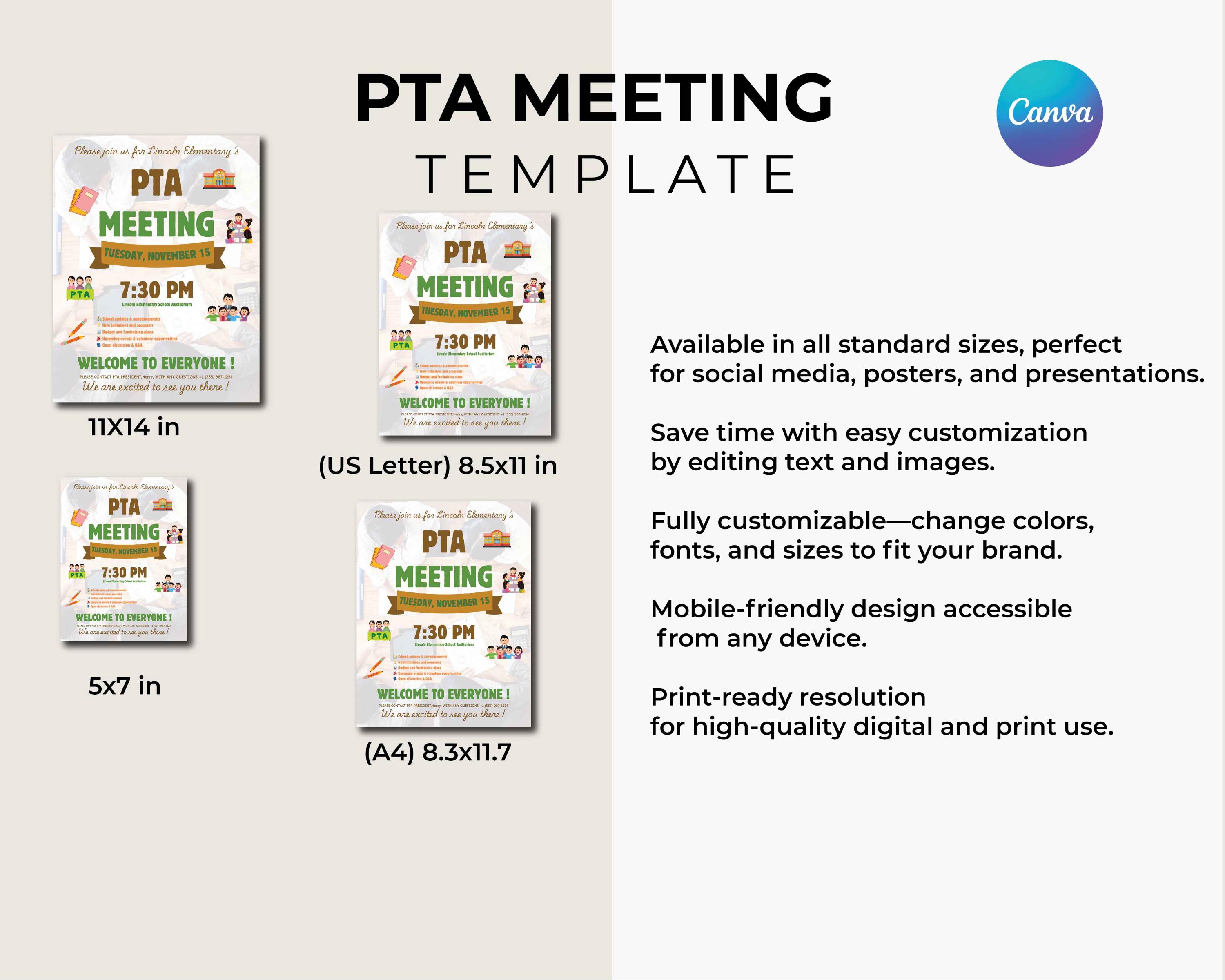 PTO PTA Meeting Flyer, Editable Template, Back to School, November ...