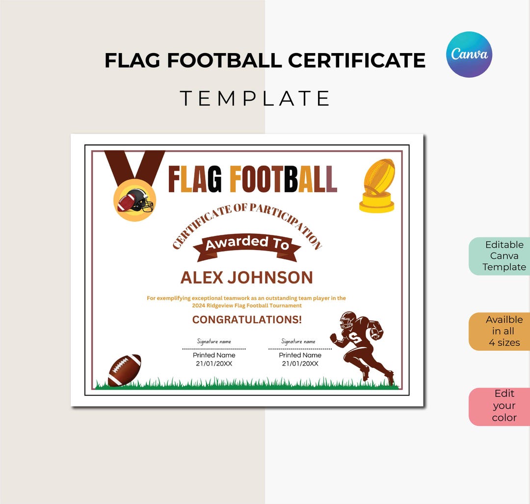 Flag Football Certificate, Editable Canva Participation Achievement, A4 ...
