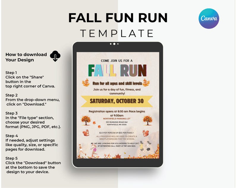 Fun Run Flyer, Editable Canva Template, Outdoor 5k 10k Run, Walk Race ...