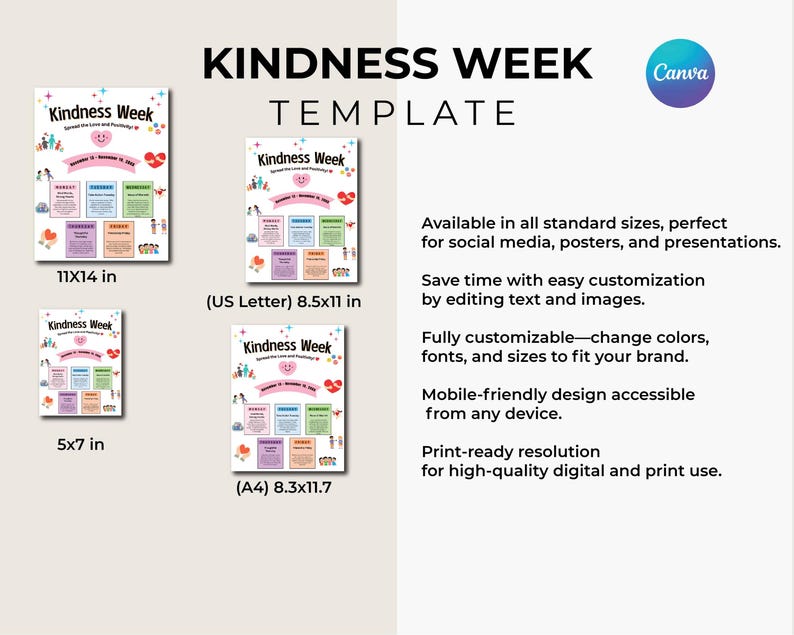 Editable Kindness Week Flyer Canva Template, School Spirit Schedule ...