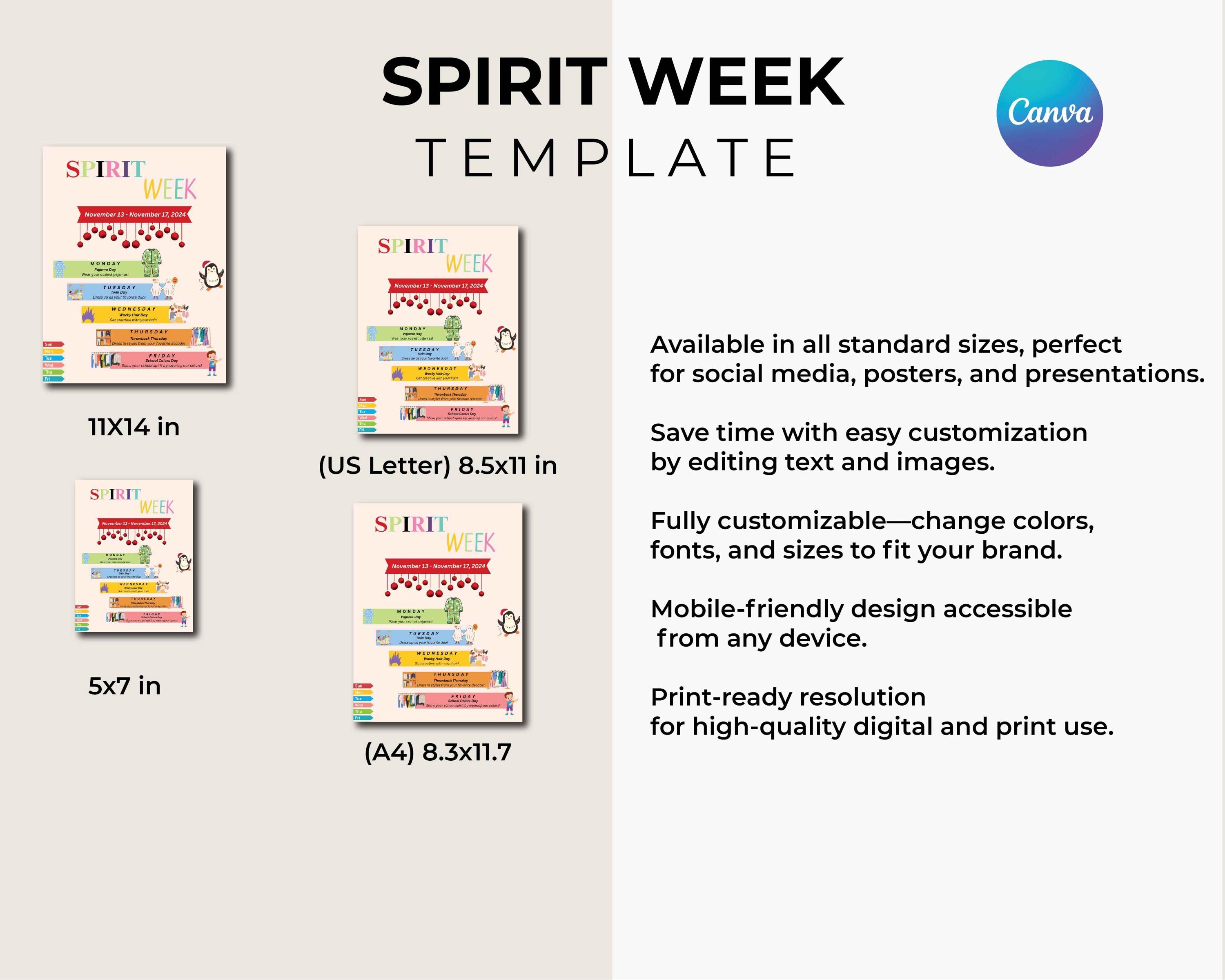 Editable Christmas Spirit Week Flyer Canva Template, School Spirit ...