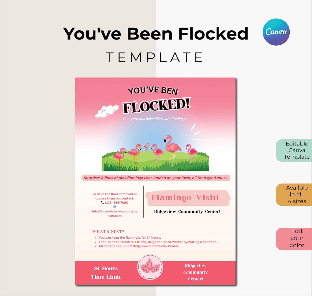 DIY You've Been Flocked Flyer, Flamingo Fundraiser Canva Template, Printable Flock a Friend ...