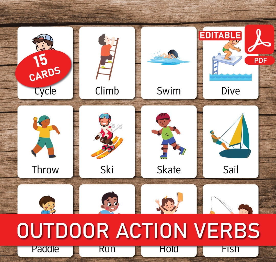 OUTDOOR ACTION VERBS, 15 Montessori Cards, State Verbs Flashcard Bundle ...