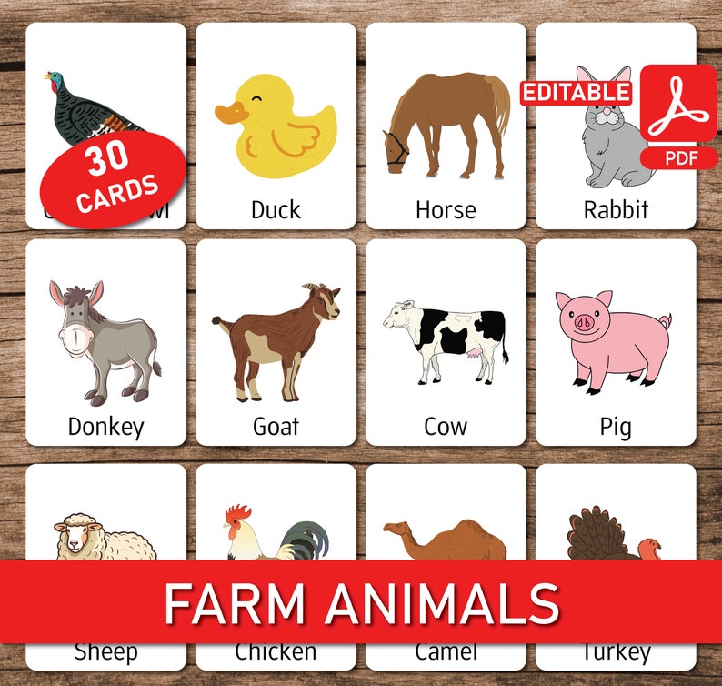 FARM ANIMALS, Flash Cards Nomenclature Flashcards PDF Printable Cards ...