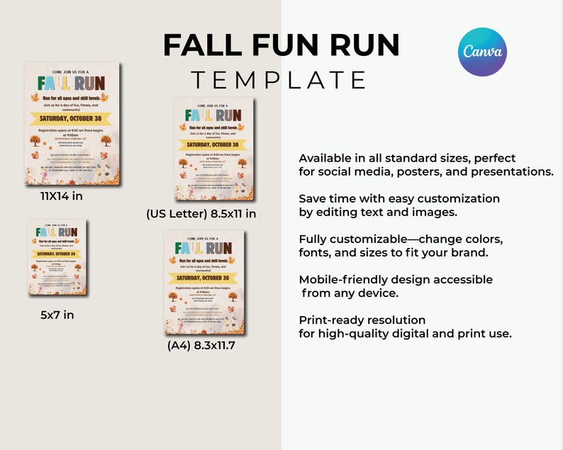 Fun Run Flyer, Editable Canva Template, Outdoor 5k 10k Run, Walk Race ...