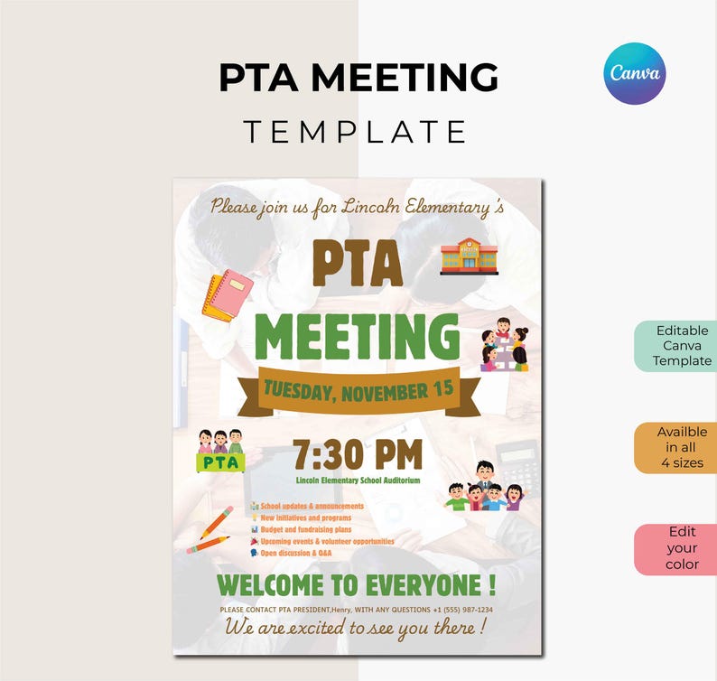 PTO PTA Meeting Flyer, Editable Template, Back to School, November ...