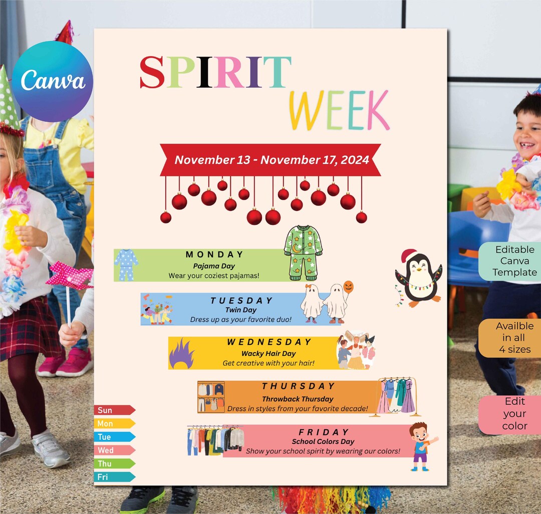 Editable Christmas Spirit Week Flyer Canva Template, School Spirit ...