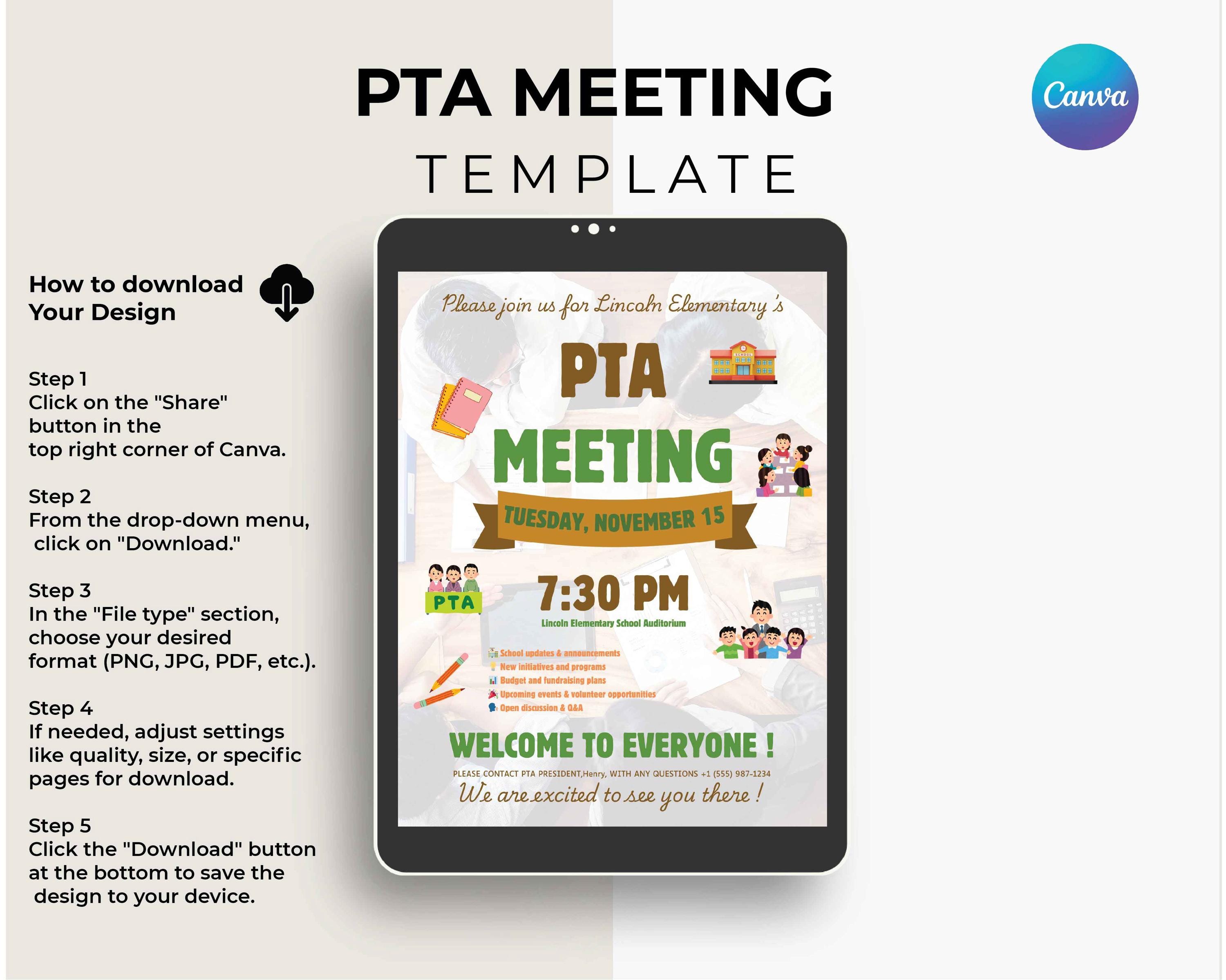 PTO PTA Meeting Flyer, Editable Template, Back to School, November ...