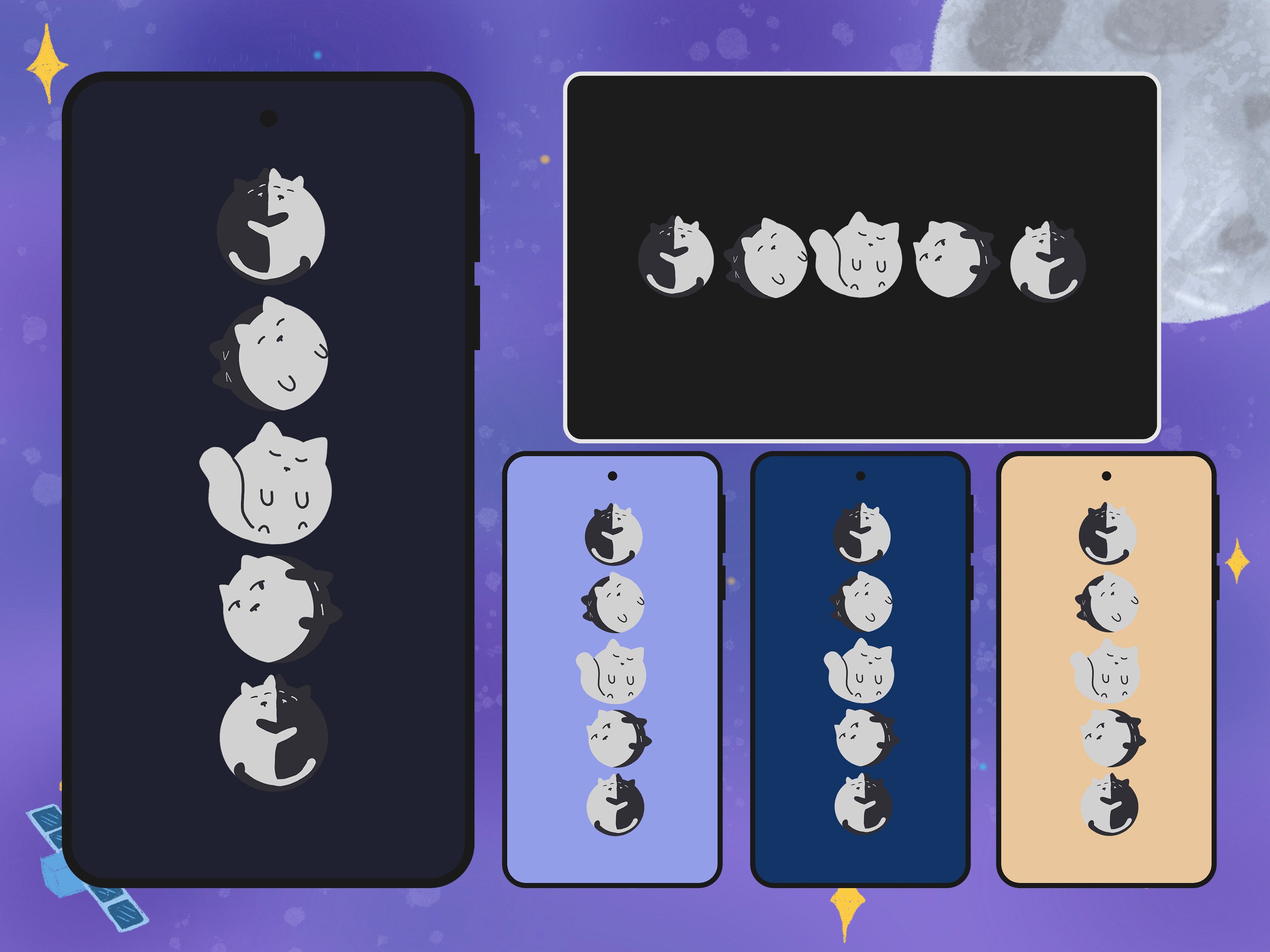 Dreamy Cat Moon Phases Desktop Wallpaper Cute Celestial Cozy Digital ...