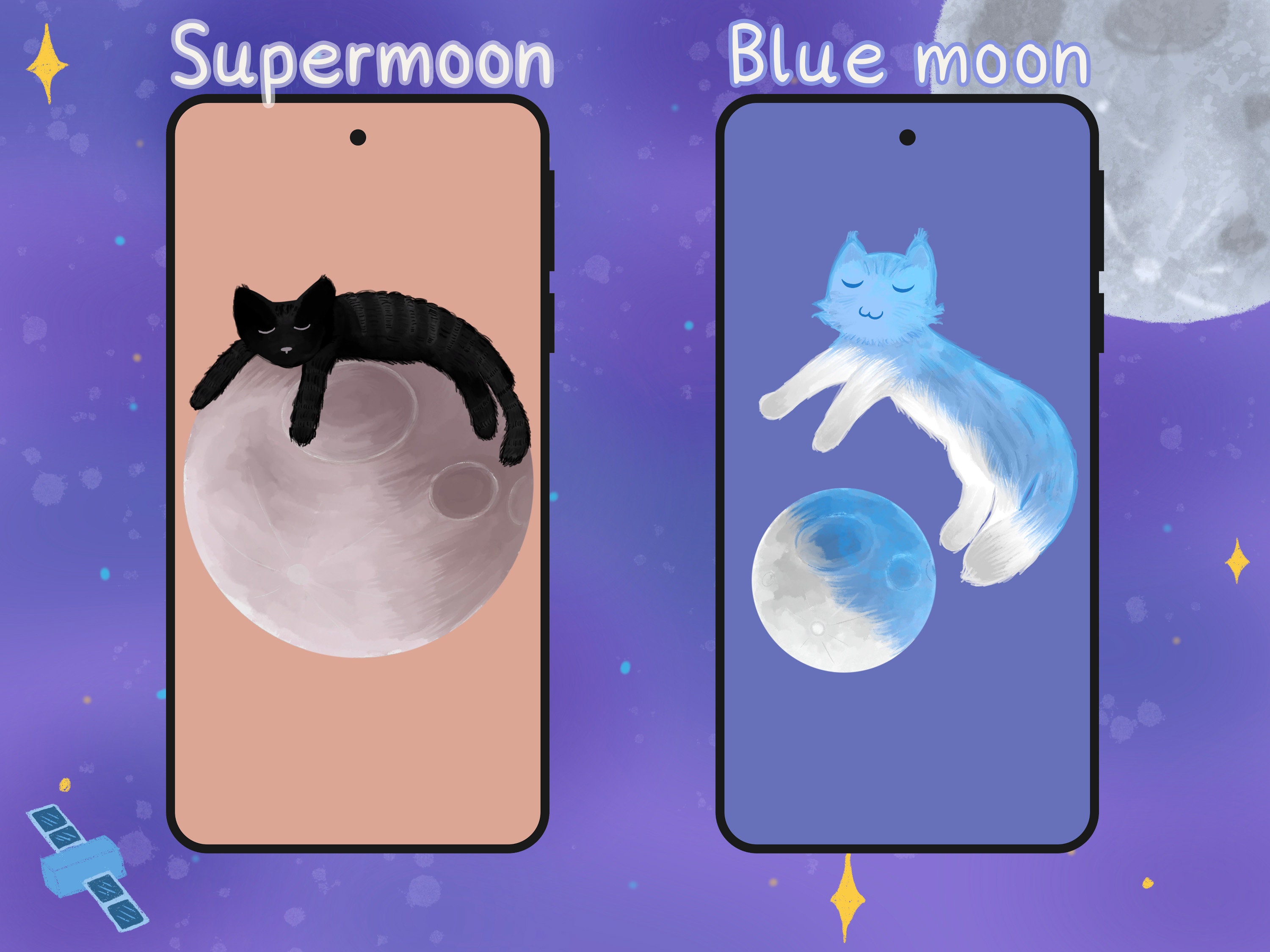 Dreamy Cat Moon Phases Desktop Wallpaper Cute Celestial Cozy Digital ...