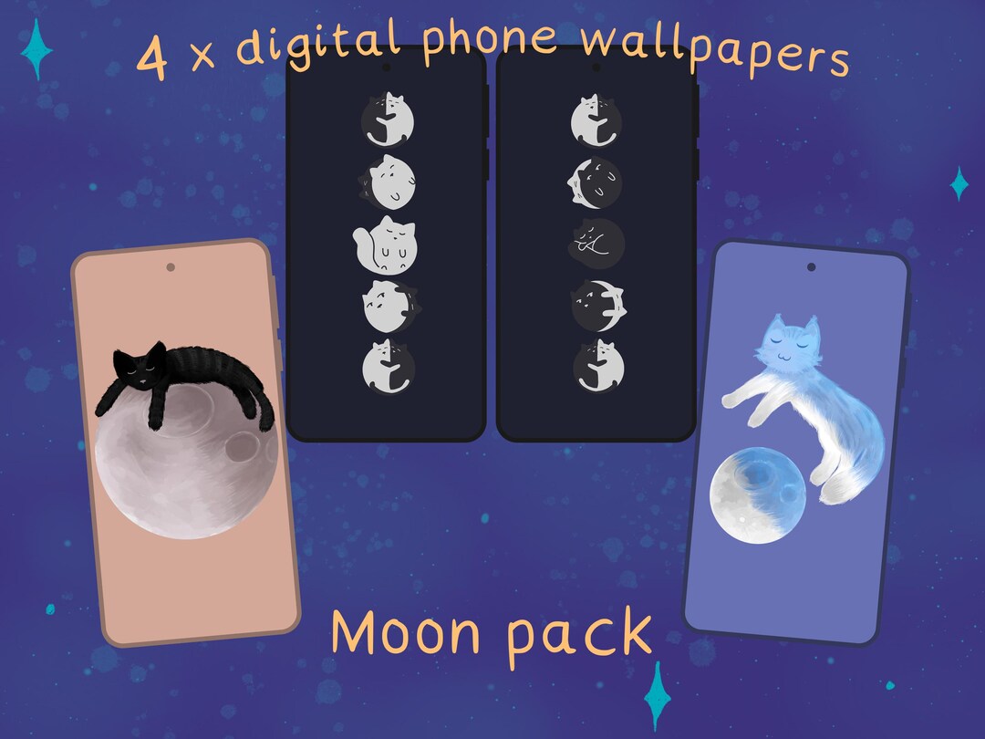 Cat Themed Moon Phases Phases Desktop Phone Wallpapers Set: Celestial ...