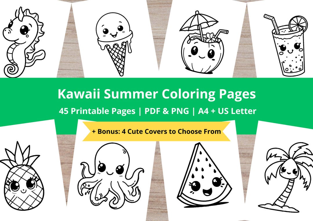 Kawaii Summer Coloring Pages for Kids - Cute Beach Coloring Sheets ...
