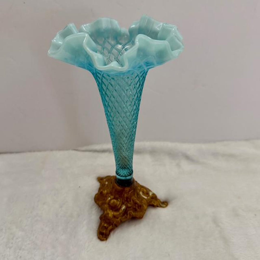 Rare Fenton Blue Opalescent Diamond Lace Flower Vase on Ornate ...