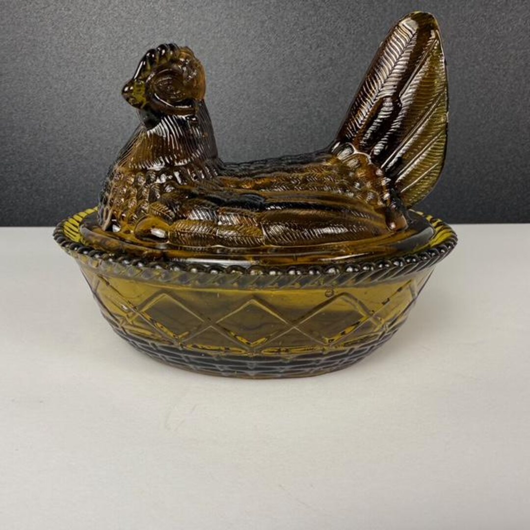 Vintage Amber Glass Hen on Nest Dish | 5.5" Covered Bowl | Farmhouse ...