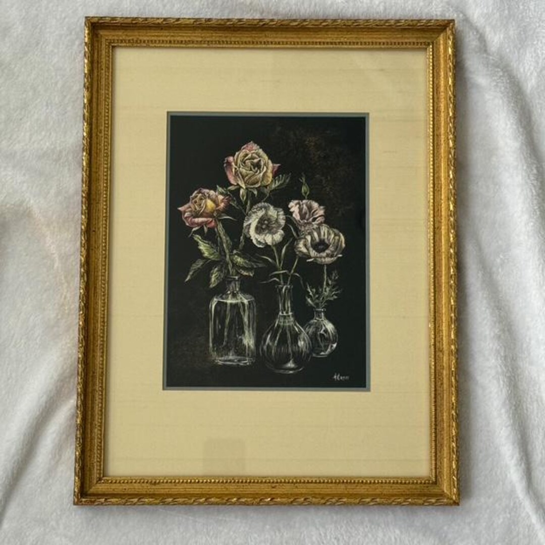 Signed Floral Scratchboard Art: Vintage Roses, Carnations, Poppies in ...