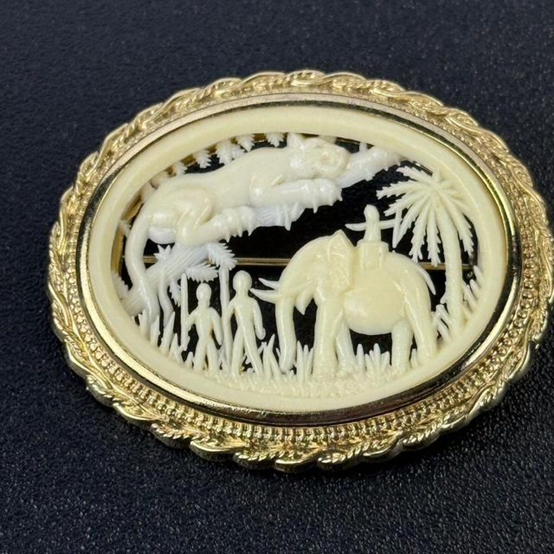 Vintage Coro Celluloid Carved Safari Scene Brooch Elephant Big Cat ...