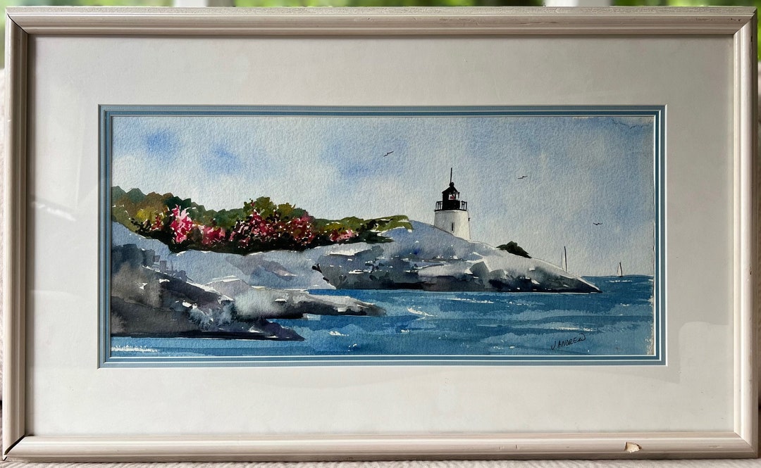 Jean Andrew Original Signed Watercolor Painting Lighthouse Seascape Art ...