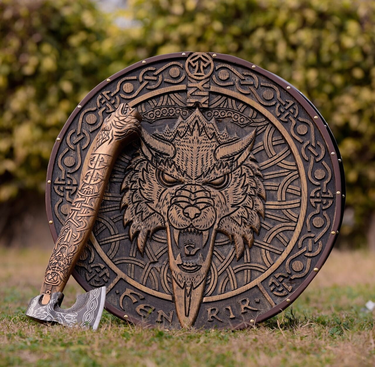 Medieval Fenrir Shield & Axe Set, Viking Round Shield, Viking Wolf Shield/axe, Wood Carved ...