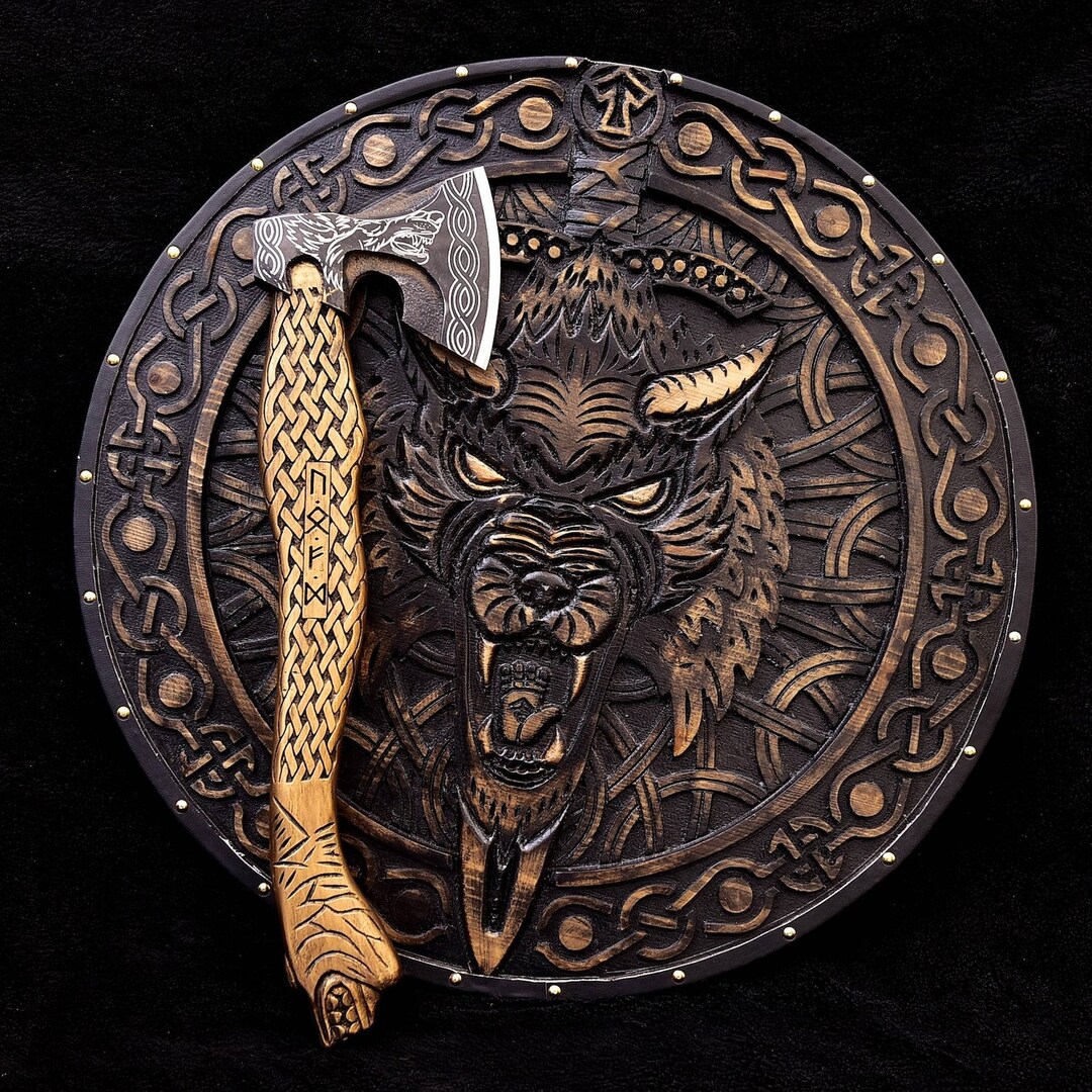 Medieval Fenrir Shield & Axe Set, Viking Round Shield, Viking Wolf ...