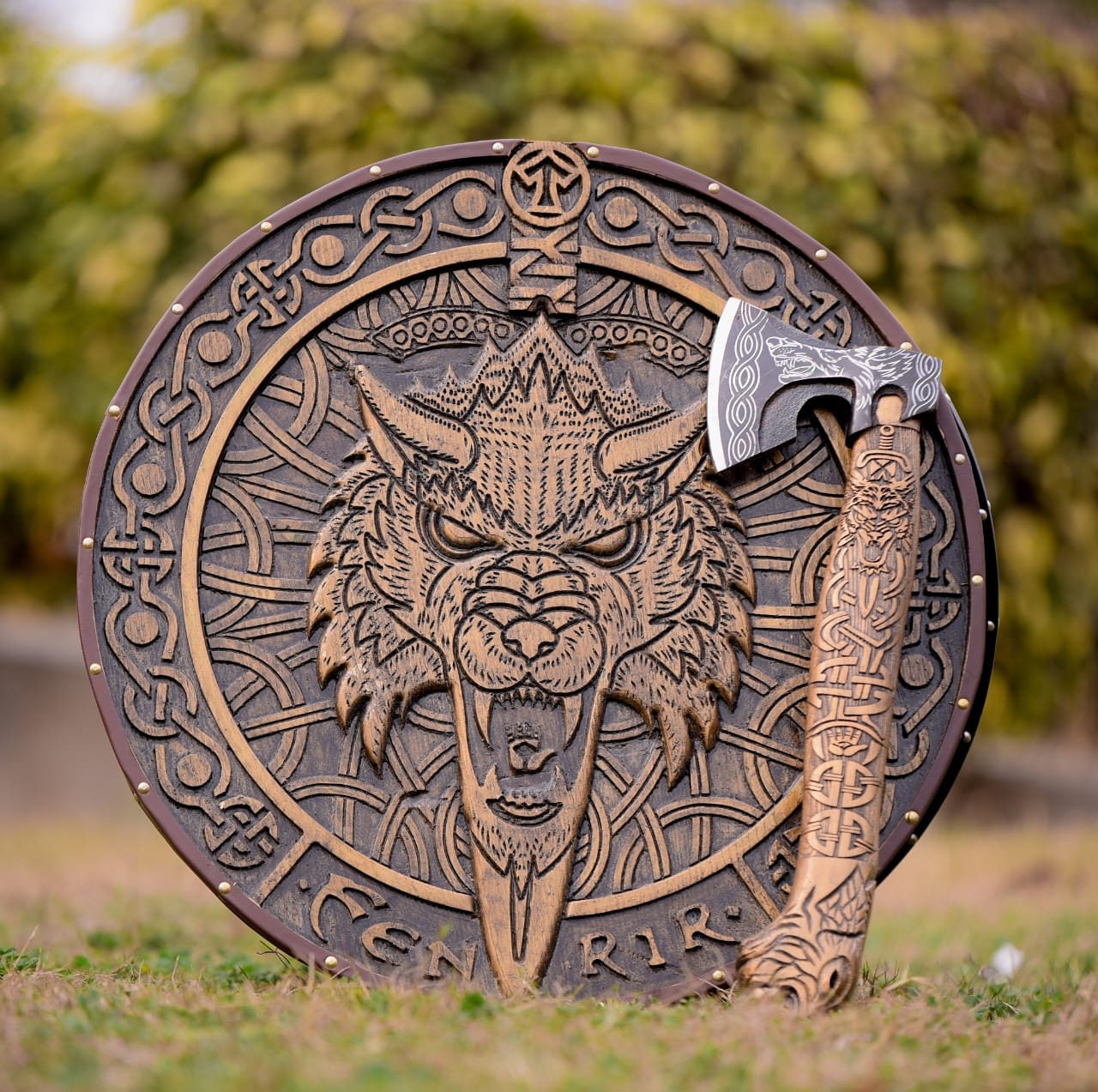 Medieval Fenrir Shield & Axe Set, Viking Round Shield, Viking Wolf ...