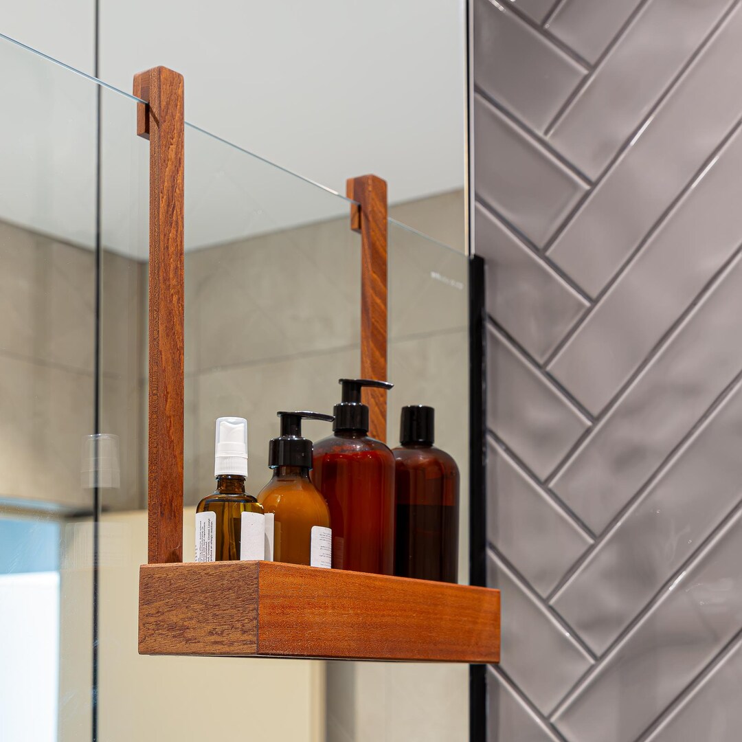 Mahogany Wood Shower Shelf, Minimalist Bathroom Shelf, Shower Storage ...